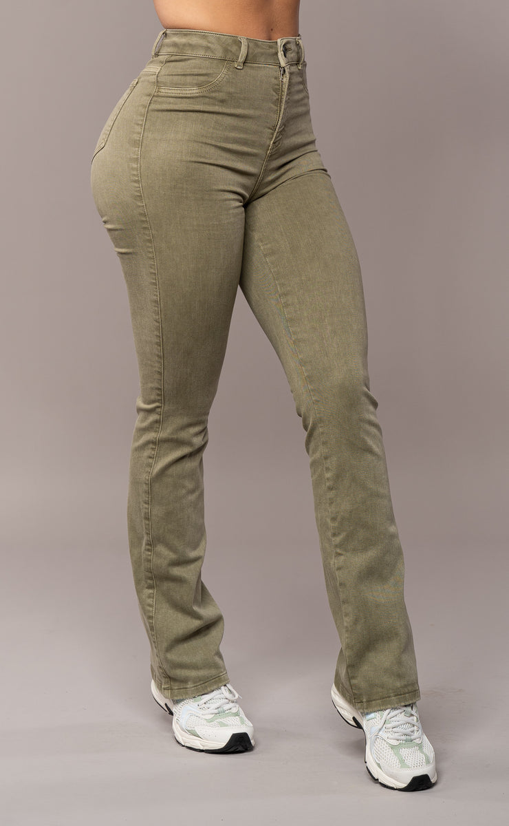 Womens Pastel Flared Fitjeans Khaki Fitjeans